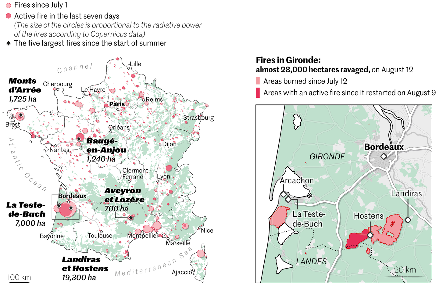 Map of wildfires in France since the start of the summer