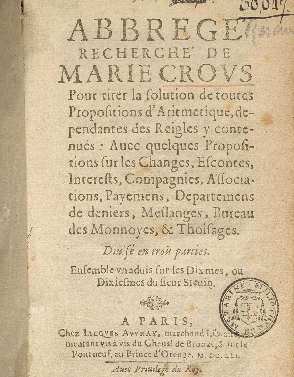 Marie Crous : son précis de maths de 1636 accessible à la bibliothèque ...