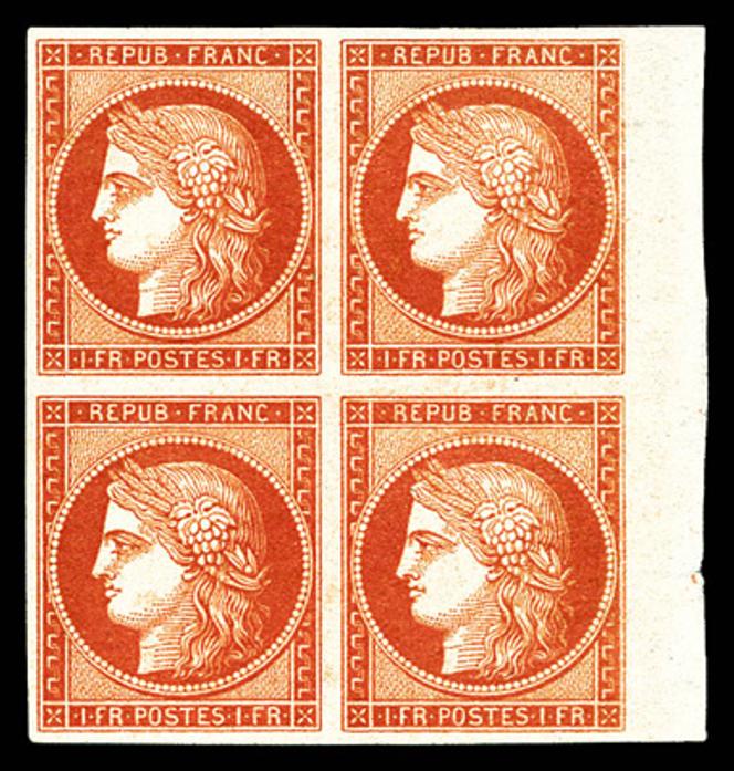 Timbre « placement » : un bloc de quatre du 1 franc vermillon à 150 000 ...