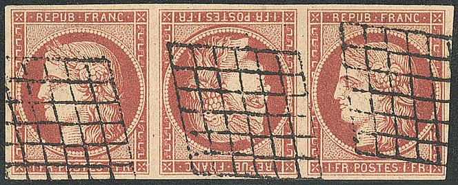 Timbres-poste : Une bande oblitérée de trois 1 franc vermillon en vente ...