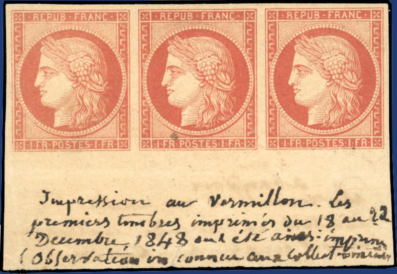 Philatélie : une bande de trois du 1 franc vermillon à 175 000 euros ...