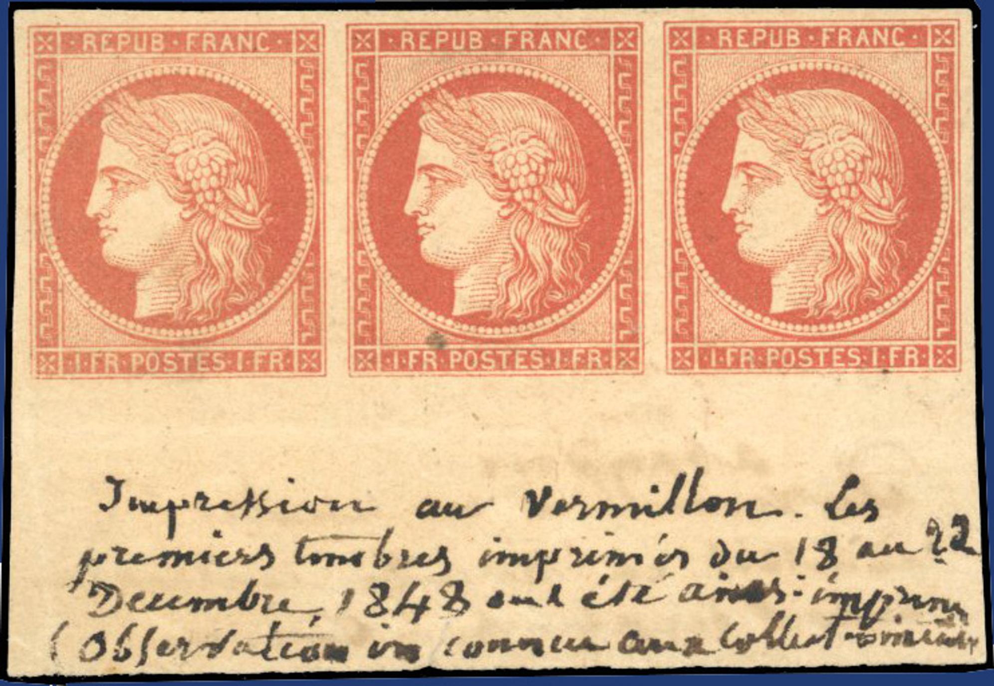 Philatélie : une bande de trois du 1 franc vermillon à 175 000 euros ...