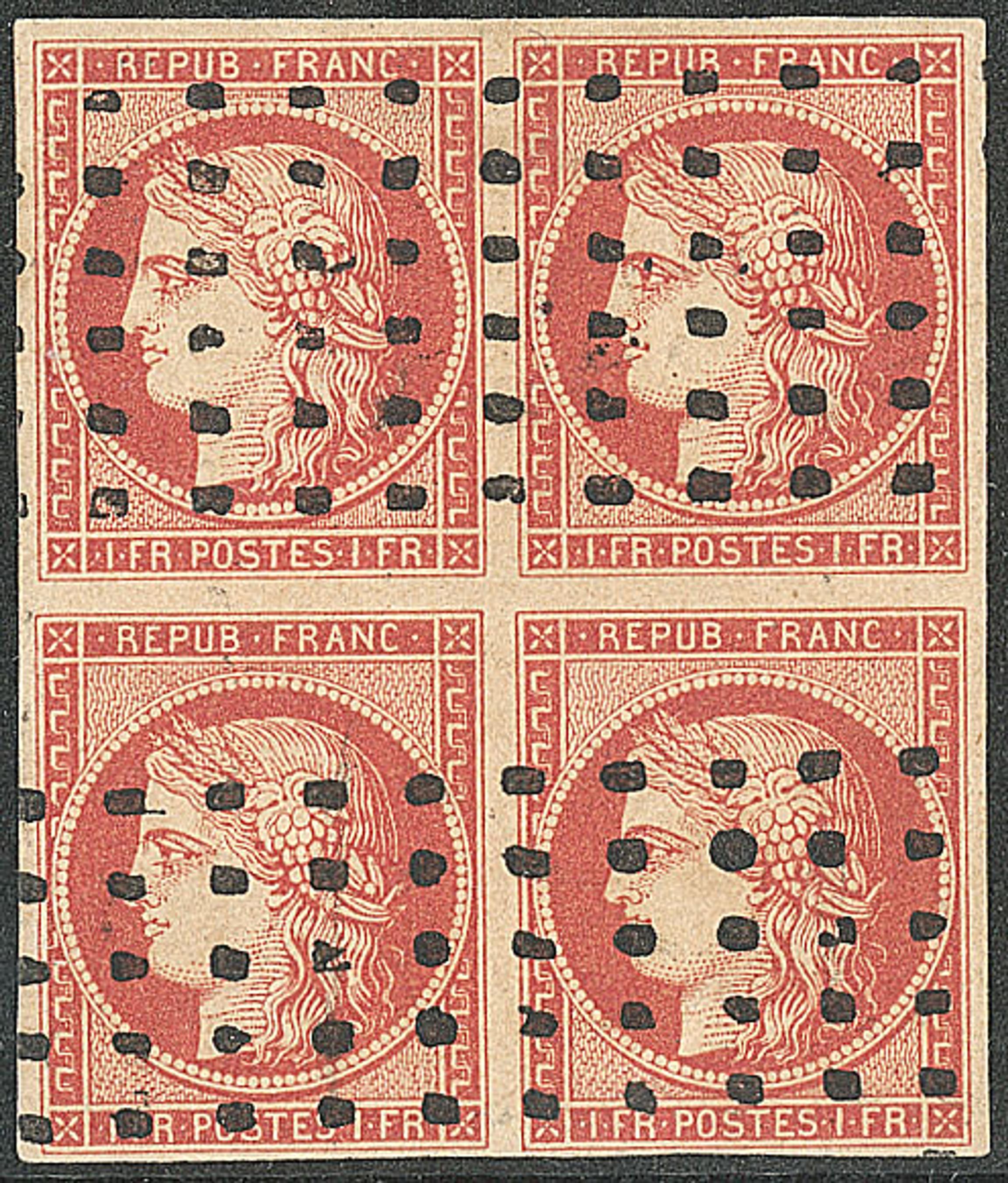 Marché du timbre : un bloc de quatre du 1 franc vermillon oblitérés mis ...