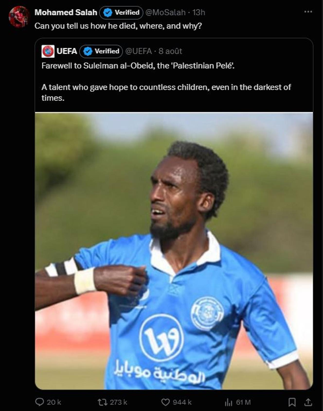 Mohamed Salah critique l’UEFA dont l’hommage à Suleiman Al-Obeid, le « Pelé palestinien », ne ...